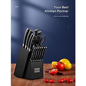 Knife Set, D.Perlla 14 Pieces Kitchen Knife Set with Built-in Sharpener, Stainless Steel Knives Block Set with Unique Waved Pattern, Non-slip Handle, Black