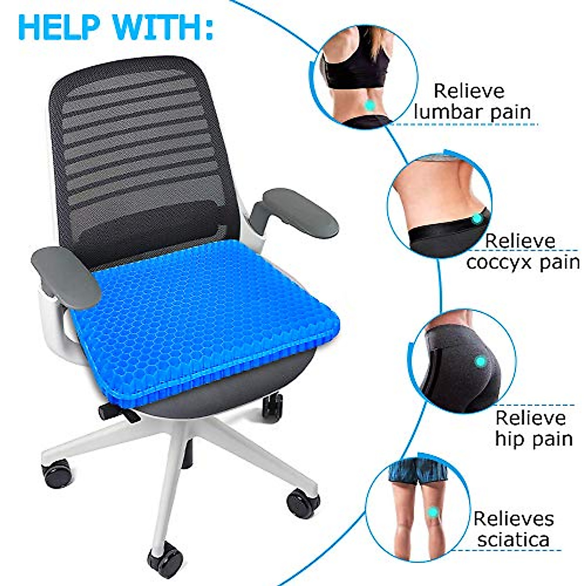 Gel Seat Cushion, Double Thick Big Gel Seat Cushion, Honeycomb Design Gel Seat Cushion for Pressure Relief Back Pain, Gel Cushion for Home Office Chair Cars Wheelchair(with Non-slip Seat Cover)