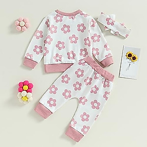 Douhoow Infant Baby Fall Outfit Baby Girl Flowers Sweatshirt Drawstring Pants Baby Girl Clothes Set (Pink, 0-6 Months)