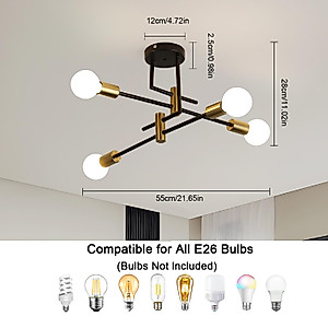Tealight Sputnik Ceiling Light Fixture, 4 Light Mid Century Modern Black and Gold Lighting Fixture Semi Flush Mount Ceiling Lamp for Bedroom, Living Room, Kitchen, Dining Room, Hallway