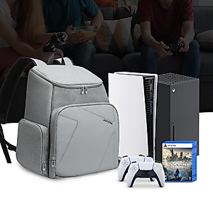 Jaffzora Game Console Backpack Compatible with PS5/PS4/PS4 Pro/PS4 Slim/Xbox One/Xbox One X/Xbox One S, Travel Bag fits for 15.6" Laptop and Gaming Accessories, Portable Console Carrying Case, Grey