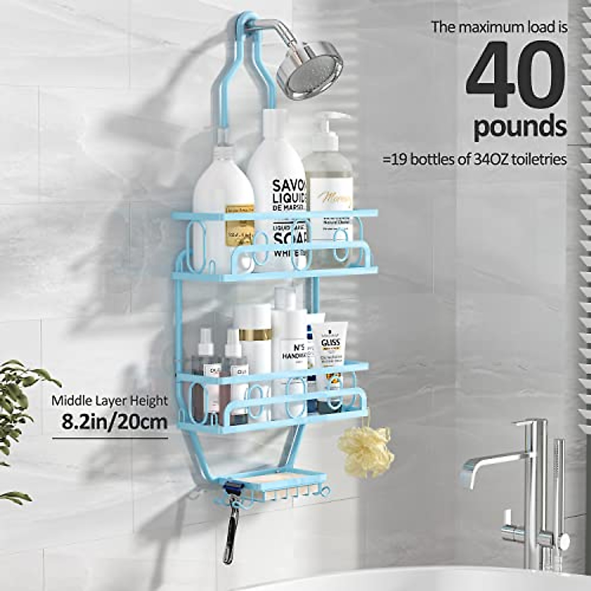 HYSEYY Shower Caddy Over Shower Head - Hanging Shower Caddy Over Shower Head for Bathroom, No Drilling Rustproof Stainless Steel Hanging Shower Organizer with Soap Holder, 10 Hooks, Blue