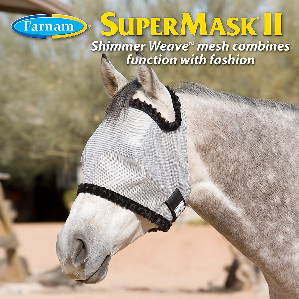 SuperMask II Shimmer Weave Mesh Horse Fly Mask Without Ears, Eye Protection from Insect Pests, Soft Silver Mesh with Black Plush Trim, Horse Size