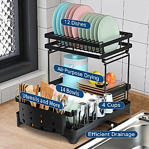 Zyerch Dish Rack 2 Level Countertop Drying Rack with Drain Tray, Kitchen Dish Strainers with Utensil Holder,Overhang Cutting Boards Large Capacity and Space Saving