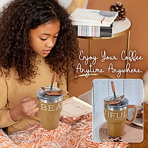 21 oz Insulated Coffee Mug Tumbler with Handle, Stainless Steel Travel Mug Tumbler with Lid and Straw, Coffee Travel Mug Spill Proof with Lid for Keep Hot/Ice Coffee, Brown