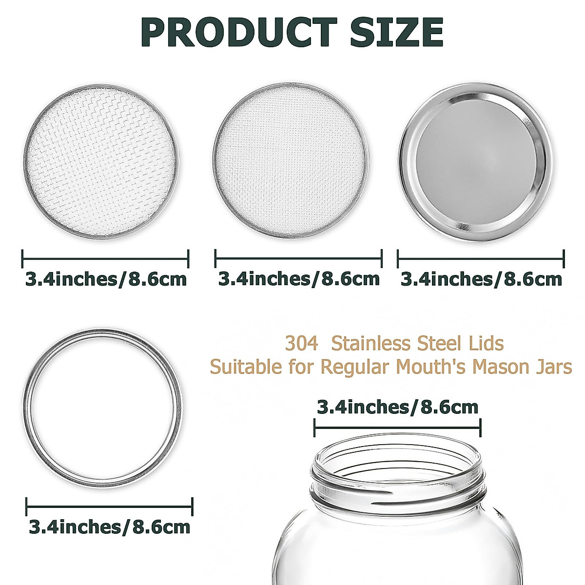 6 Pack Seed Sprouting Jar Lids: for 3.4"(86mm) Regular Mouth Mason Jars Fresh Sprouts at Home | Strainer Screen for Canning Jars | 304 Stainless Steel Lid for Growing Broccoli, Alfalfa, Beans & More