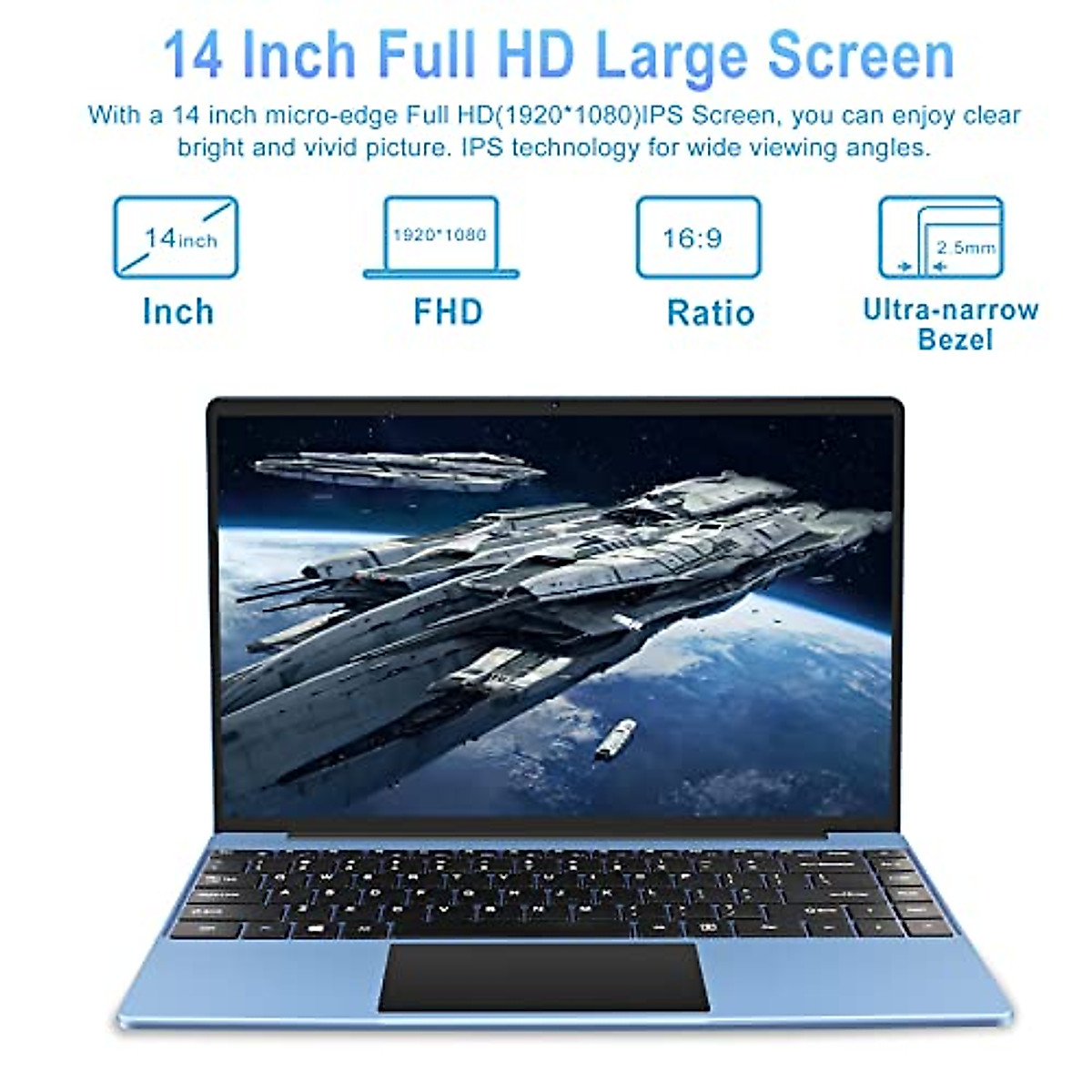 Ruzava Windows 10 Laptop Computers, 14" 6GB RAM 128GB SSD Support 1TB SSD Expansion, 1920x1080 FHD Traditional Laptop for Work Study Entertainment-Blue
