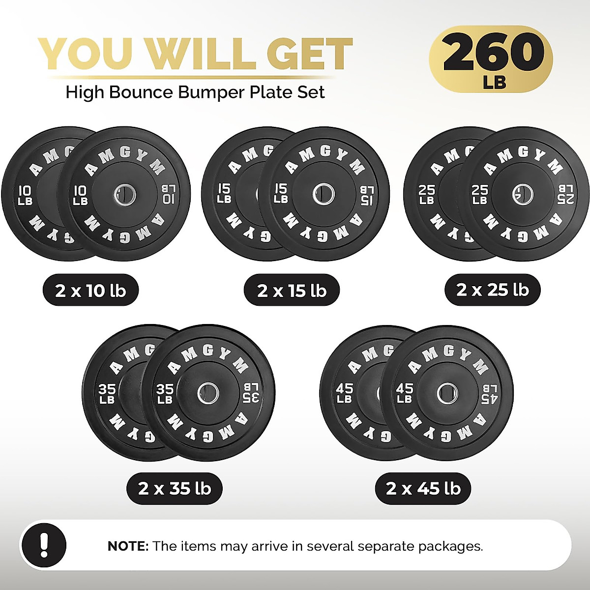 AMGYM LB Bumper Plates Olympic Weight Plates, Bumper Weight Plates, Steel Insert, Strength Training(260LB Set)