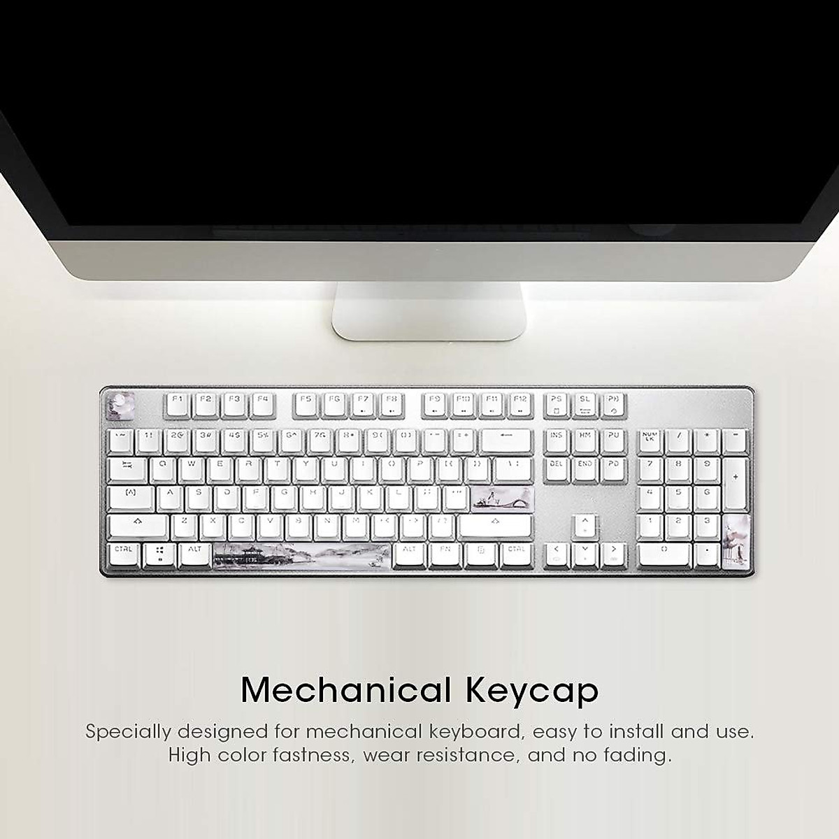 Bewinner1 DIY Keycaps, PTB PC Gaming Mechanical Keyboard Space Keycap ESC Keycap Enter Keycap Numpad Enter Keycap, Universal Computer Keyboards Cap Landscape Painting PTB Grey