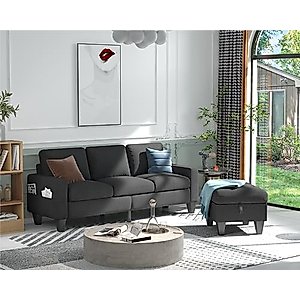 Sunrise Coast Sectional L-Shaped Sofa Modern Linen Fabric 3-Seat Couch with Convertible Storage Ottoman Dark Grey Living Room Furniture Set for Apartment Loft Small Spaces