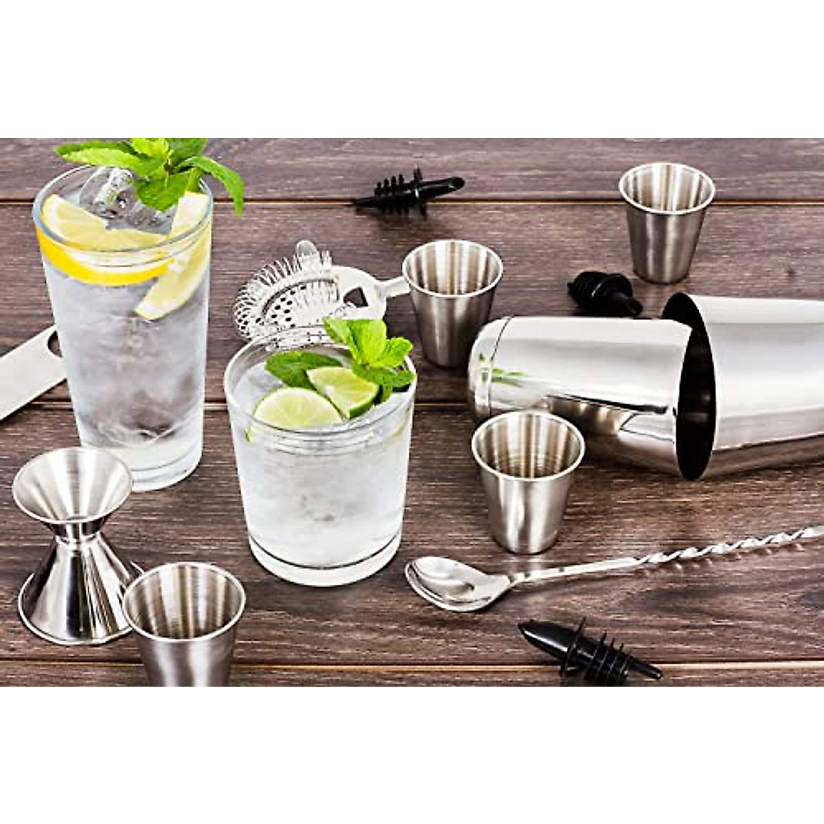 LexiHome 16 Pc Cocktail Making Set, Bartender Kit, Cocktail Shaker Gift Set, Bar Accessories, Drink Tool Kit with Drink Shaker, Hawthorne Strainer, Bar Spoon, Bottle Opener, Tin Shot Glasses, & More