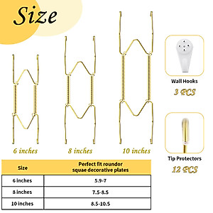 COIDEA 3 Pieces Plate Hangers for Wall, 6 8 10 Inch Plate Hangers, Stainless Steel Invisible Wire Plate Holder with 3 Pack Wall Hooks, Compatible 5 to 10.5" Decorative Antique Plates and Arts