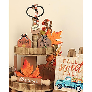 DN DECONATION 8 Pcs Fall Tiered Tray Decor Set,Fall Decorations for Home,Wooden Pumpkin Decoration, Thanksgiving Wooden Table Signs,Fall Book Stack Decor,Home, Table, Farmhouse, Gifts
