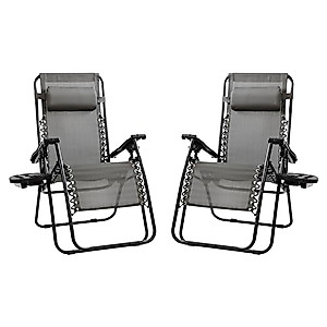 Flash Furniture Celestial Adjustable Folding Mesh Zero Gravity Reclining Lounge Chair with Pillow and Cup Holder Tray in Gray, Set of 2