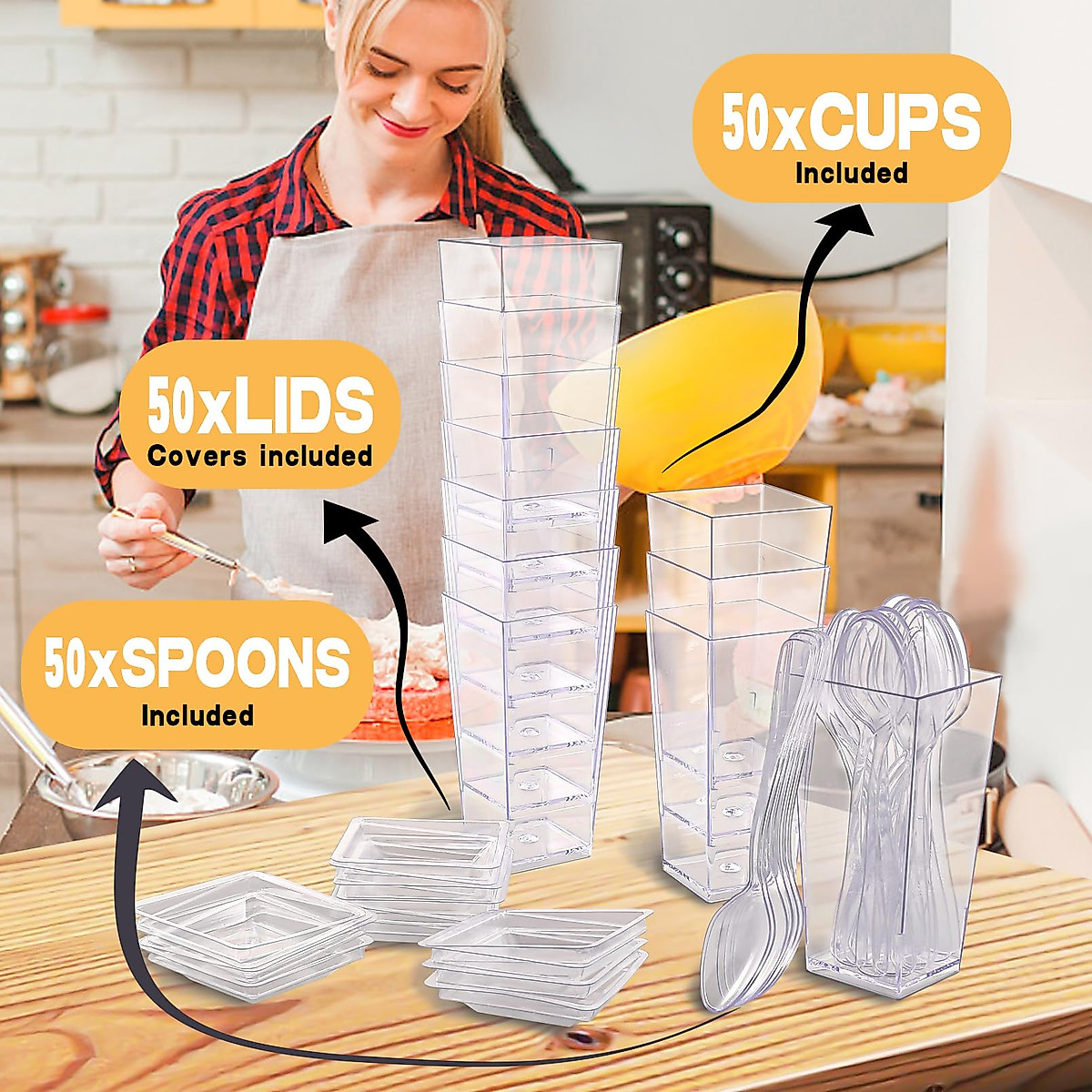 Vetory 50 Pack 3 oz Mini Dessert Cups,Plastic Dessert Cups with Lids and Spoons,Tall Square Clear Parfait Cups Appetizer Cups,Great for Tasting Party Desserts Appetizers Puddings Mousse