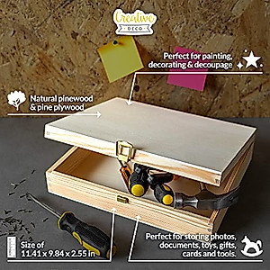 Creative Deco Wooden Storage Box Unpainted Plain | 11.41 x 9.84 x 2.55 in | Golden Latch & Lid | Perfect for Storing Valuables & Small Items in The Office or Bedroom | Keepsake Memory Trinket Chest