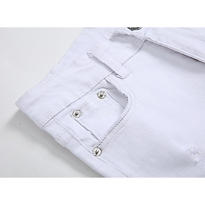 Boy's White Slim Fit Skinny Jeans Ripped Elastic Waist Pants with Zipper for Kids,White,14 Slim