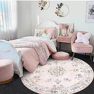 Lahome Machine Washable Round Rug 5Ft, Soft Boho Pink Round Area Rugs for Nursery and Girls Bedroom, Pastel Floral Ultra-Thin Non-Slip Circle Carpet for Living Room Indoor Floor Home Office Decor