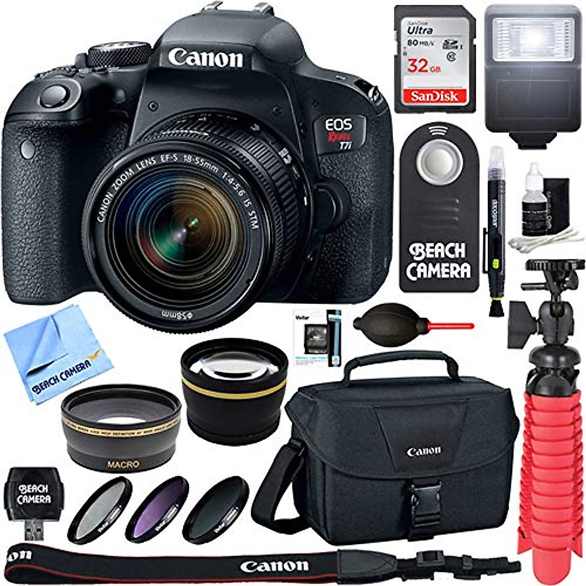 Canon EOS Rebel T7i Digital SLR Camera with EF-S 18-55mm is STM Lens + Sandisk Ultra SDHC 32GB UHS Class 10 Memory Card + Accessory Bundle