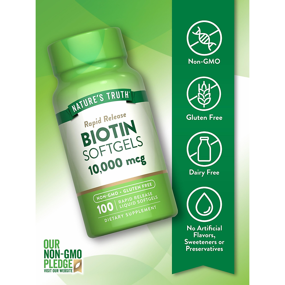 Nature's Truth Biotin 10,000mcg | 100 Softgels | Non-GMO Gluten Free Supplement
