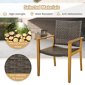 Tangkula Patio Dining Chairs Set of 4, Outdoor Acacia Wood & PE Wicker Chairs with Armrests, Outdoor Rattan Armchairs for Garden, Backyard, Poolside, Balcony (Mix Brown)