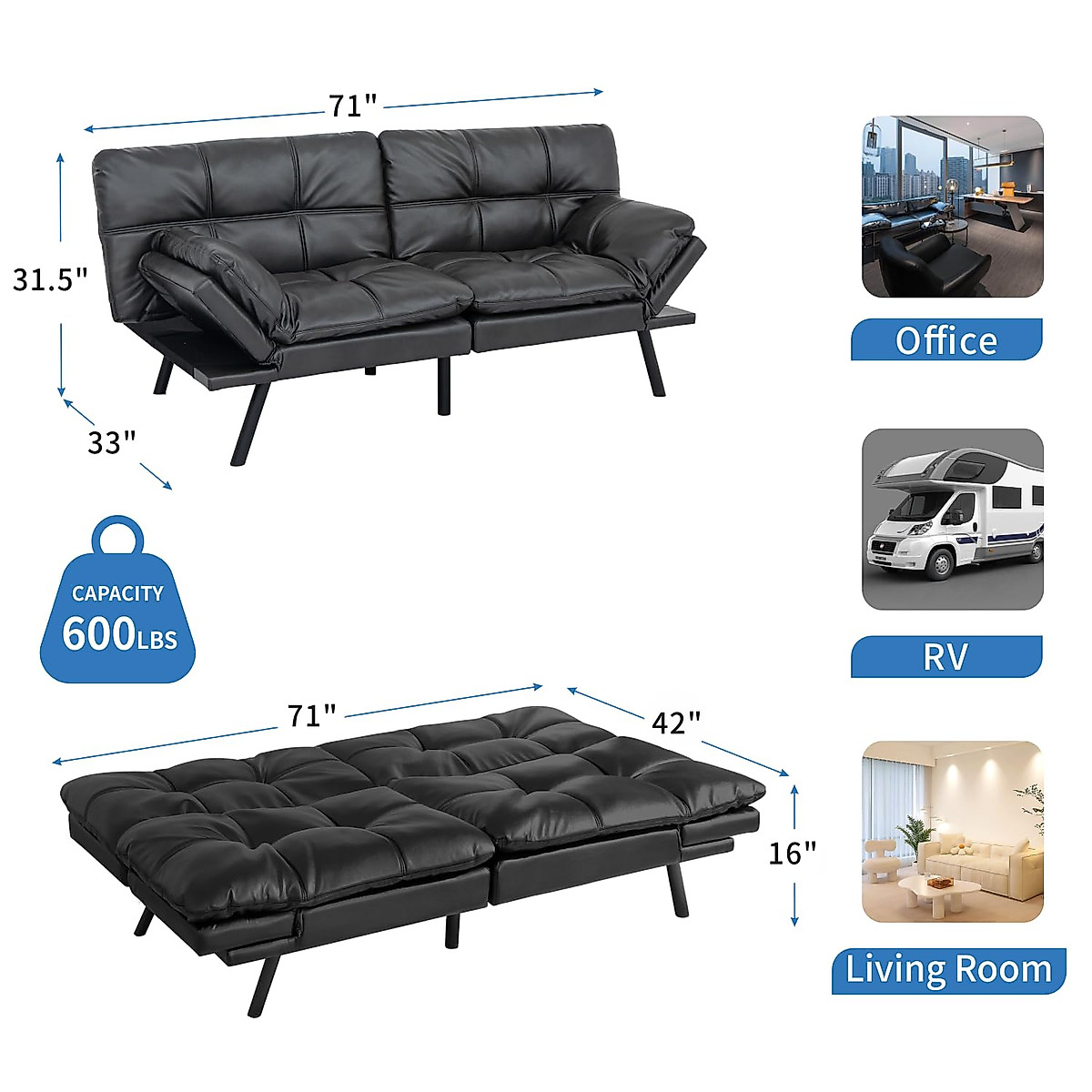 MUUEGM Faux Leather Futon Sofa Bed, Convertible Memory Foam Couch Bed, Modern Love Seat for Living Room,Compact Space,Apartment,Office,Adjustable Backrests Armrests Couch Sleeper,71" Matte Black