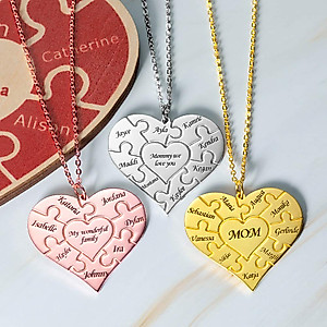 AILIN Custom Heart Puzzle Necklace 925 Sterling Silver/Stainless Steel Personalized Engraved 1-12 Name Pendant Family Love Valentine Mothers Day Jewelry Gifts For Women Mom Grandma Daughter