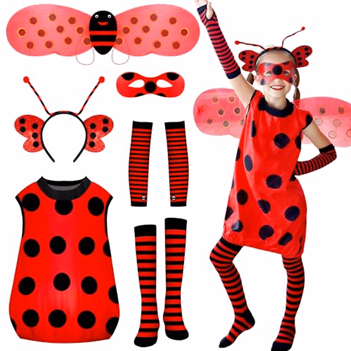 INNOCHEER Ladybug Costume for Girls 2-10, Halloween Costumes for Kids Girls Ladybug Costume Toddler with Accessories Toys