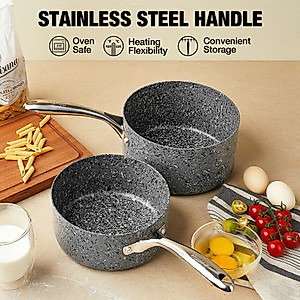 HLFRG Saucepan Set with Lid, Nonstick 2Qt & 3Qt Sauce Pan Set with Lid, Small Pot with Lid, Natural Granite Nonstick Saucepan Set, Small Sauce Pots, Grey Pot Set - 2Qt & 3Qt