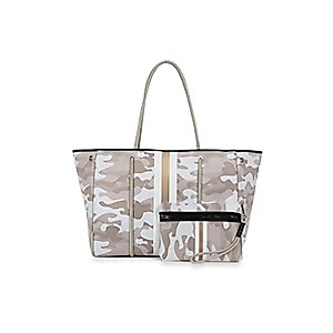 Haute Shore - Greyson Sahara Neoprene Tote Bag wZipper Wristlet Inside, Beige Camo WWhite & Rosegold Stripe