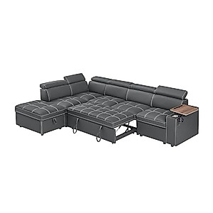 Microfiber Sectional Sleeper Sofa with Pull-Out Bed , 5 Seater Convertible L-Shaped Couch with Adjustable Headrest , Storage Armrest , Ottoman ,Cupholder ,360° Rotated Table ,USB Ports for Living Room