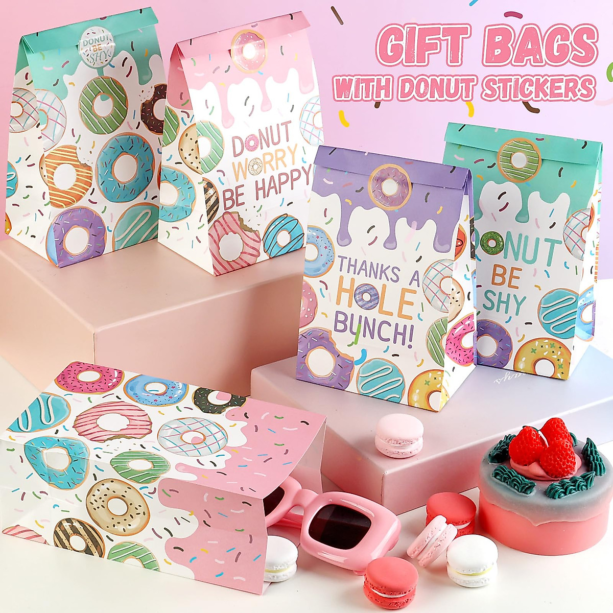 30 PCS Donut Party Favor Candy Bags with 36 Stickers, Sweet one two Birthday Party Decorations, Donut Candy Goodie Bags for Girls Kids Birthday Party, Baby Shower, Weddings, Valentines, Halloween