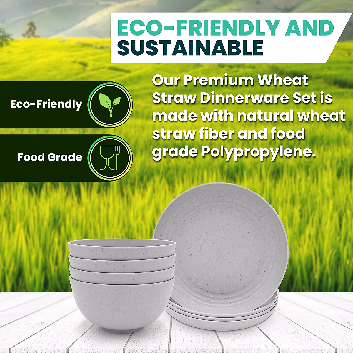 Miizula Premium 8 Pcs Light Gray Wheat Straw Dinnerware Sets - Unbreakable Reusable Plastic Wheat Straw Bowls & Plates Dinner Set - Microwave Dishwasher Freezer Safe - Deep Spillproof - Eco Friendly
