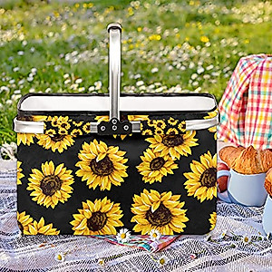 Collapsible Market Basket Sunflower, 36L Large Picnic Basket, Portable Shopping Basket with Aluminum Handles for Storage Grocery, Travel, Camping