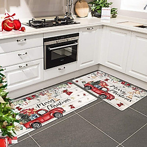 VSIWB Christmas Kitchen Rugs Sets of 2 Rustic Anti Fatigue Kitchen Mats for Floor Red Truck Wood Grain Kitchen Rugs and Mats Non Slip Cushioned Floor Carpet for Winter Holiday Xmas Home Decor