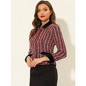 Allegra K Women's Winter Fall Tweed Cropped Suit Blazer Vintage Work Office Short Tweed Jacket Coat Large Red