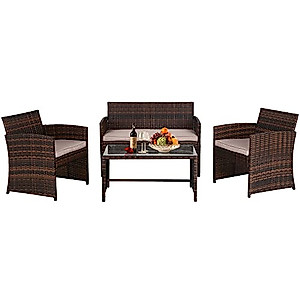 FDW 4 Pieces Outdoor Patio Furniture Sets Rattan Chair Patio Set Wicker Conversation Set Poolside Lawn Chairs Porch Poolside Balcony Outdoor Garden Furniture,Beige Cushion