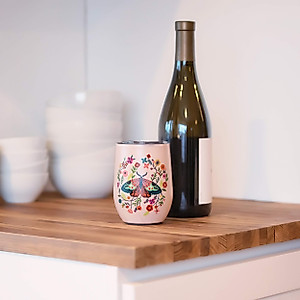 Studio Oh! Insulated Stainless Steel Stemless Glass Tumbler Floral Moth - 12-Ounce Double-Wall Construction with Full-Color Artwork & Spill-Resistant Drink-Through Lid