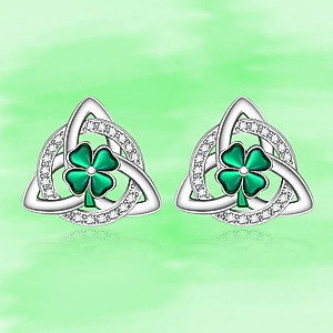 Celtic Knot Green Shamrock Earrings for Women Studs Four Leaf Clover St Patricks Day Earrings Triangle Jewelry Birthday Irish Birthday Gifts Sterling Silver