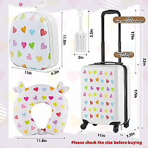 Sanwuta 4 Pieces Heart Luggage for Girls 17 Inch Kids Rolling Luggage White Travel Rolling Suitcase with Wheels Kids Luggage Set with Backpack Neck Pillow Name Tag
