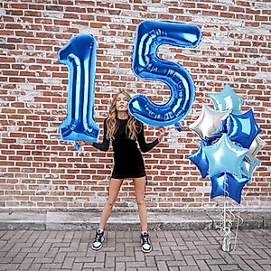 40 Inch Dark Blue Number Balloons 15, Large Royal Light Blue 15 Helium Foil Mylar Balloon, Globos Azules Self Inflating Silver Star Number 15 Balloon for Boys 15th Birthday Party Graduation Decoration