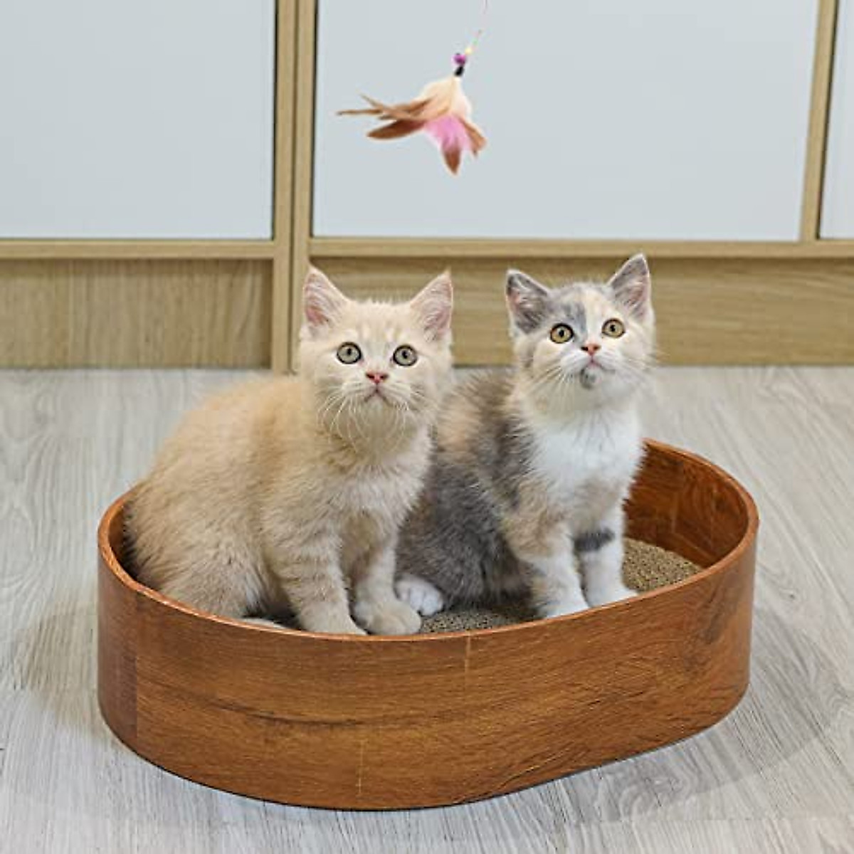 MSBC Cat Scratcher Box, 3 Cat Scratching Pads, Oval Shape Corrugated Cardboard Scratcher, Reversible Cat Scratch Couch Bed for Indoor Cats Kitten, Protecting Furniture (Wood-Grain)