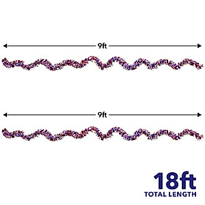 Patriotic Garland Decorations (2 Pack, 9 ft Each) - Tinsel in Metallic Red White and Blue for 4th of July Party, Veterans Day, Labor Day Holiday and More