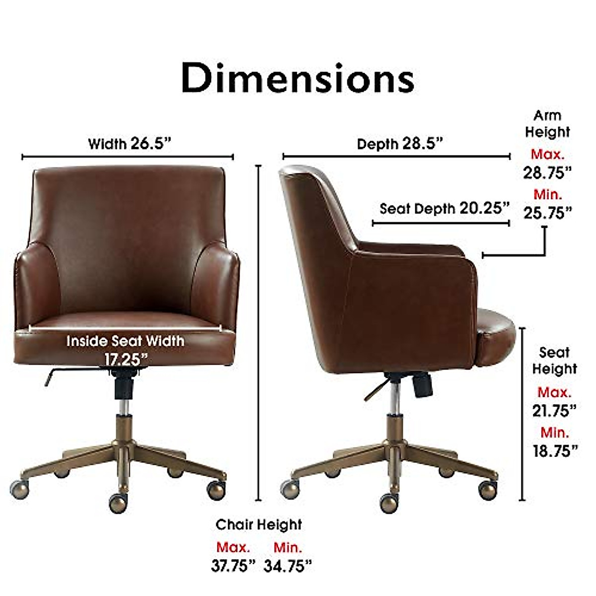 Tommy Hilfiger Belmont Home Office Chair Adjustable Height and 360 Swivel for Computer Desk, Stainless Steel Base with Smooth Rolling Casters, Bonded Leather Upholstery, Cognac Brown