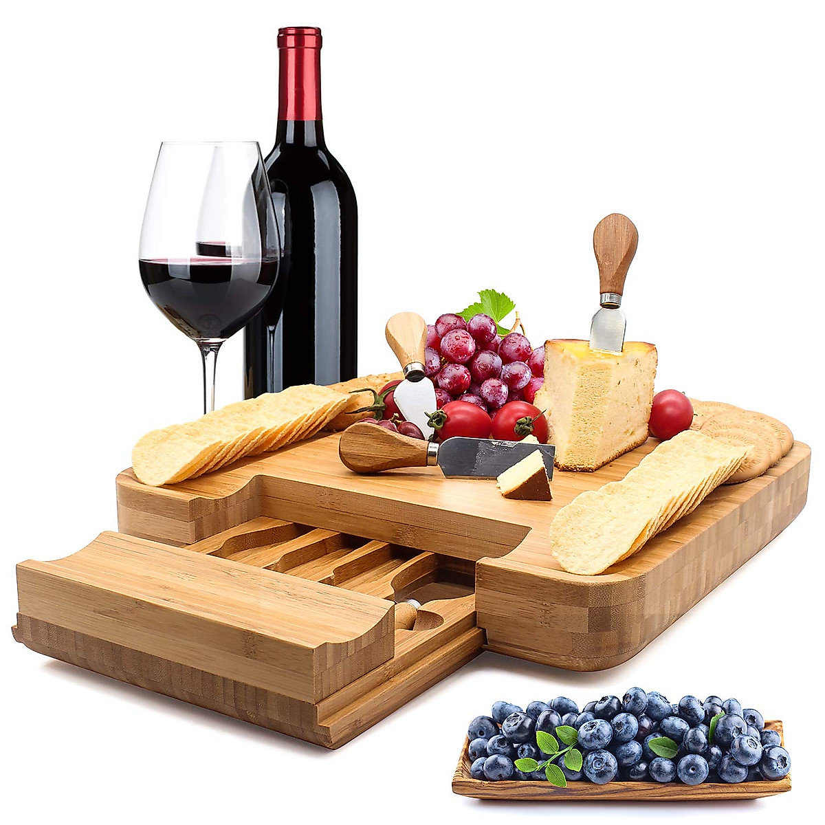 Esup Bamboo Cheese Board Set Cheese Plate 13'' x 13'' With Integrated Slide-Out Drawer and 4 Specialist Cheese Knives Set