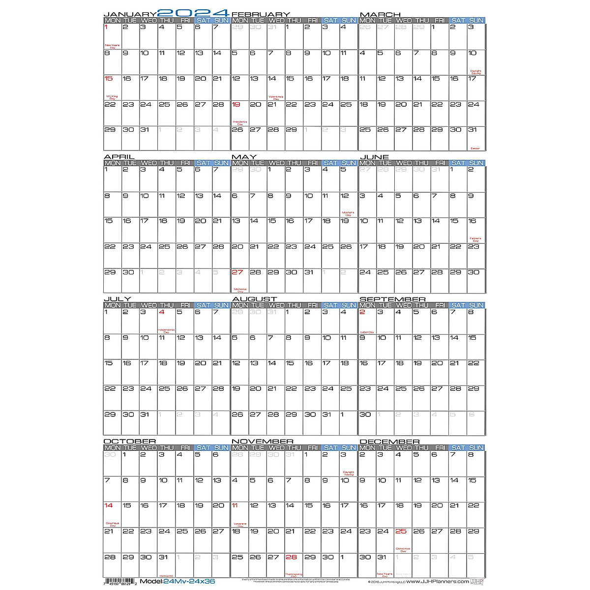 JJH Planners - Laminated - 24" x 36" Large Monday Start Week 2024 Wall Calendar - Vertical 12 Month Yearly Annual Planner (24Mv-24x36)