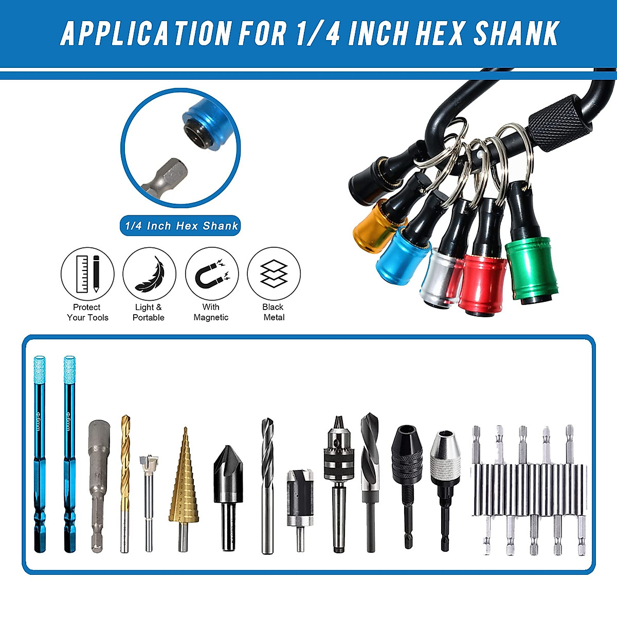 SLIMIC 6pcs 1/4 inch Hex Shank Aluminum Alloy Screwdriver Bits Holder Light-weight Quick-change Upgrade Push to Unlock Extension Bar Keychain Drill Screw Adapter Change Portable