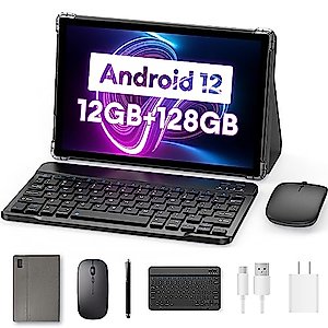 Headwolf Android Tablet with Keyboard, 2 in 1 10 Inch Tablet 12GB+128GB+512GB Expand Octa Core Android 12 Tablet with Case Mouse Stylus, 7700mAh Battery, 16MP Camera, WiFi, Bluetooth 5.0, GPS (Gray)