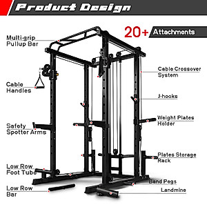 RitFit Multi-Function Power Cage with Adjustable Cable Crossover System,1000LBS Capacity Squat Rack, Full Home Gym Workout with J-Hook, Landmine and Other Attachments (2023 Version PPC03)-Black