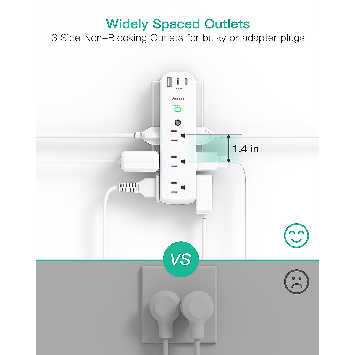 Surge Protector Outlet Extender, 9 AC Multi Plug Outlet with 3 USB Ports (2 USB C), 1080 Joules, 3-Sided Power Strip with Spaced Outlet Splitter for Home, Dorm Room Essentials